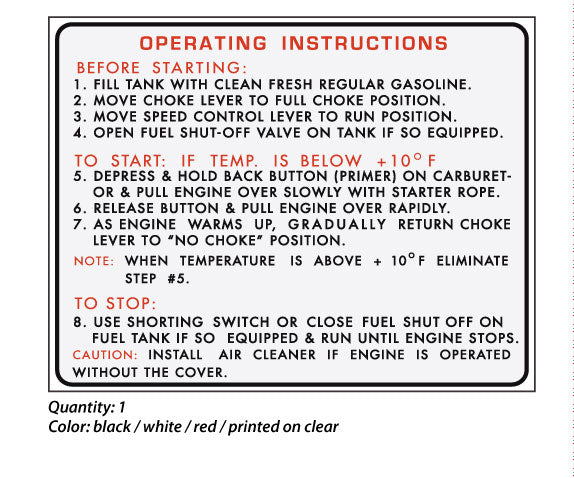 Ariens 1965-1974 10000 & 910000 Series Operating Instructions Decal – Vintage Reproductions