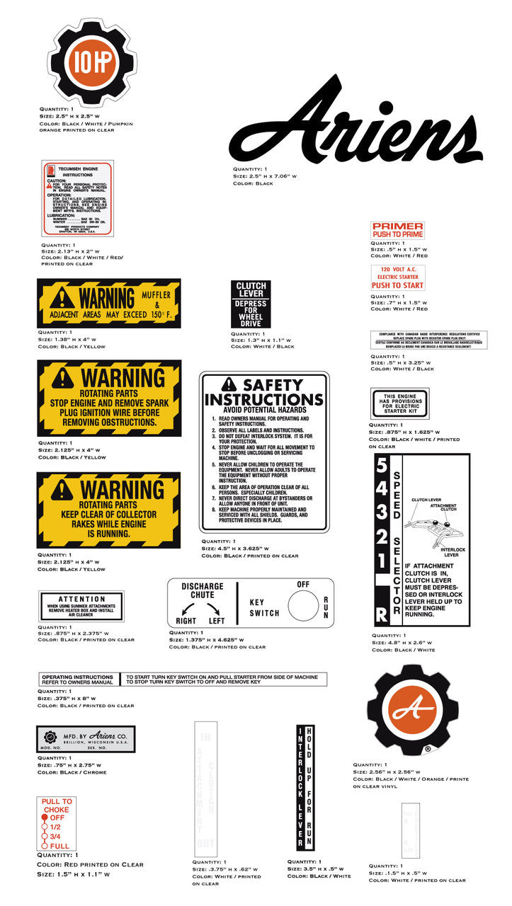 Ariens 10HP Snow Blower Decals – Vintage Reproductions