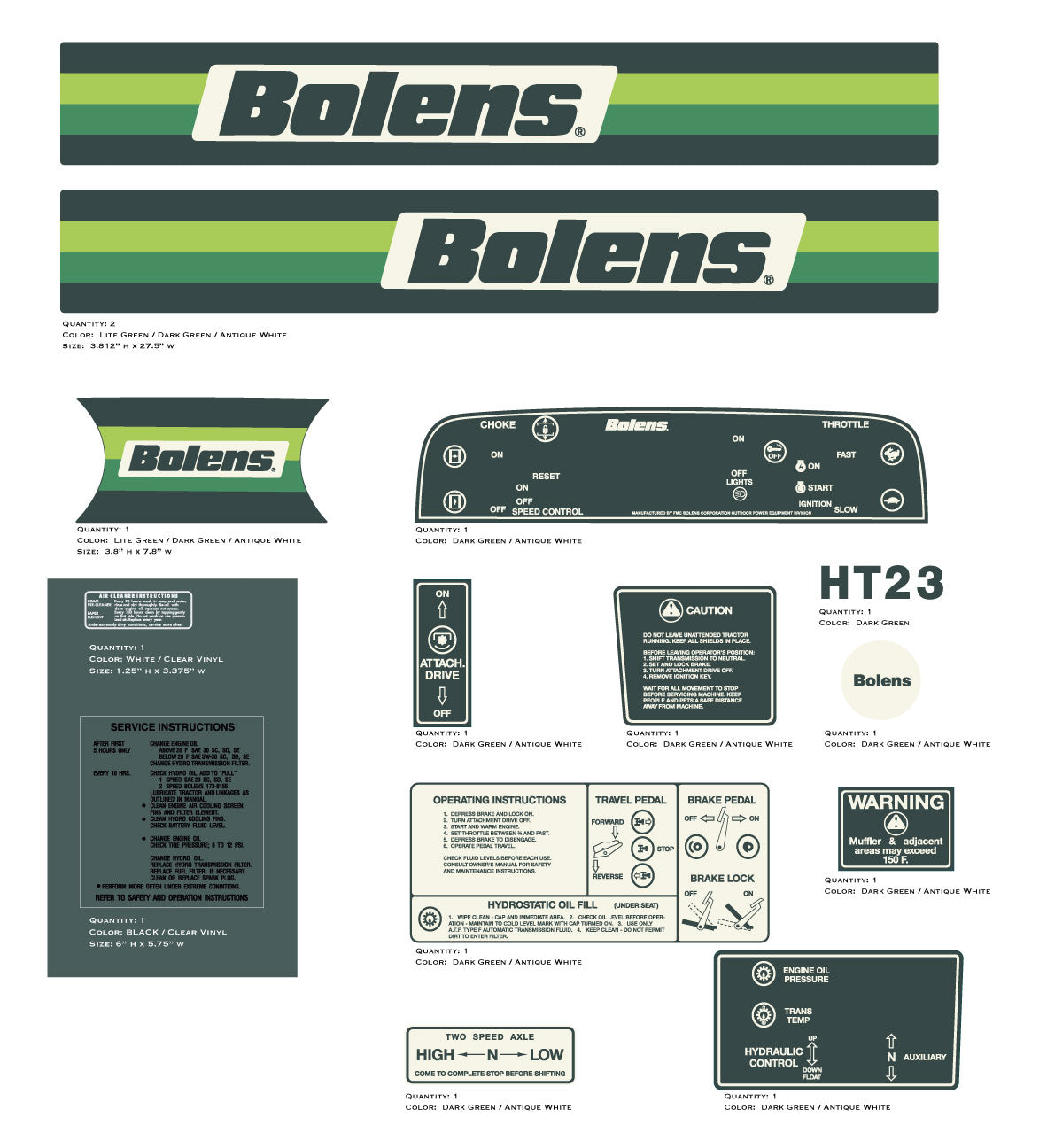 Bolens HT23 1985-87 Full Decal Set – Vintage Reproductions