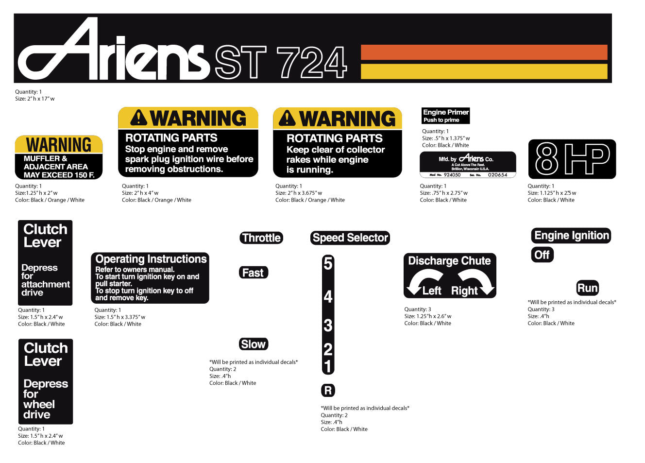Ariens 1982 ST724 Snowblower Decal Kit – Vintage Reproductions