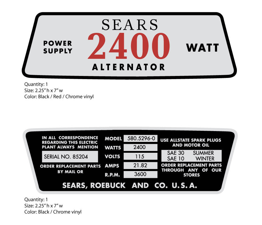 SEARS 2400 Watt Alternator Decal – Vintage Reproductions