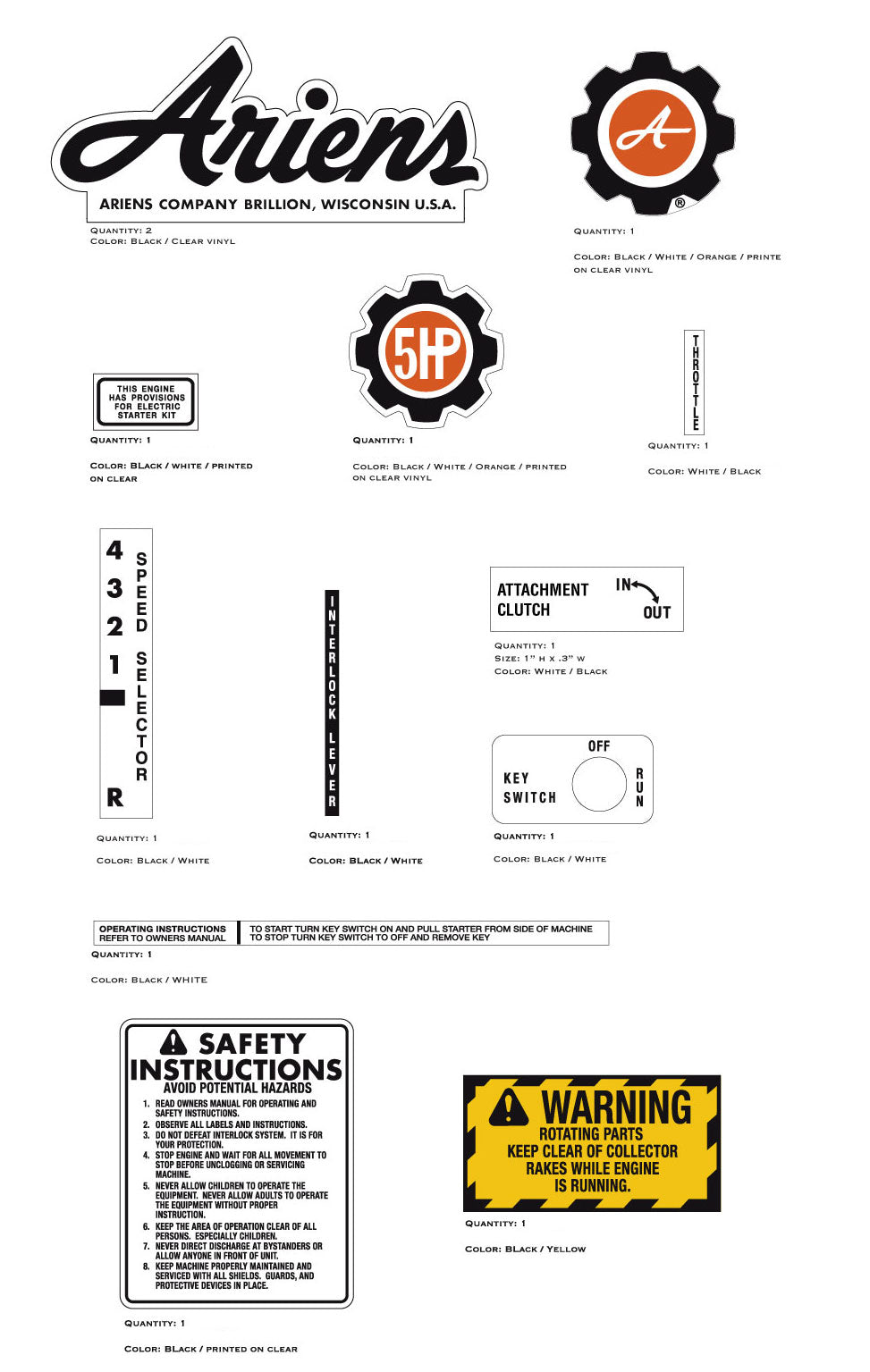 Ariens 5hp Snowblower Decals – Vintage Reproductions